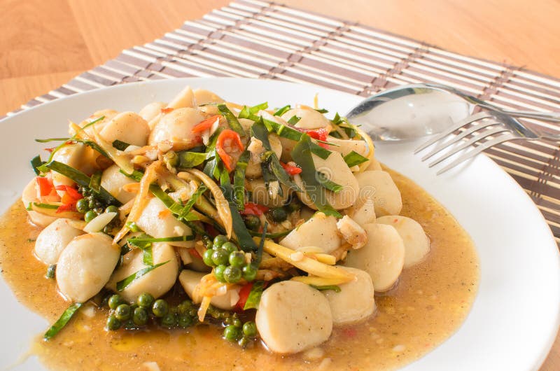 Stir Fried Fish Ball with Spicy Thai Herbs Stock Photo - Image of herbs ...