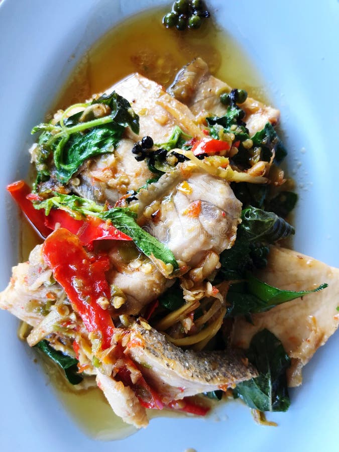 Stir Fried Fish with Chilli and Basil, Thai Food. Stock Photo - Image ...