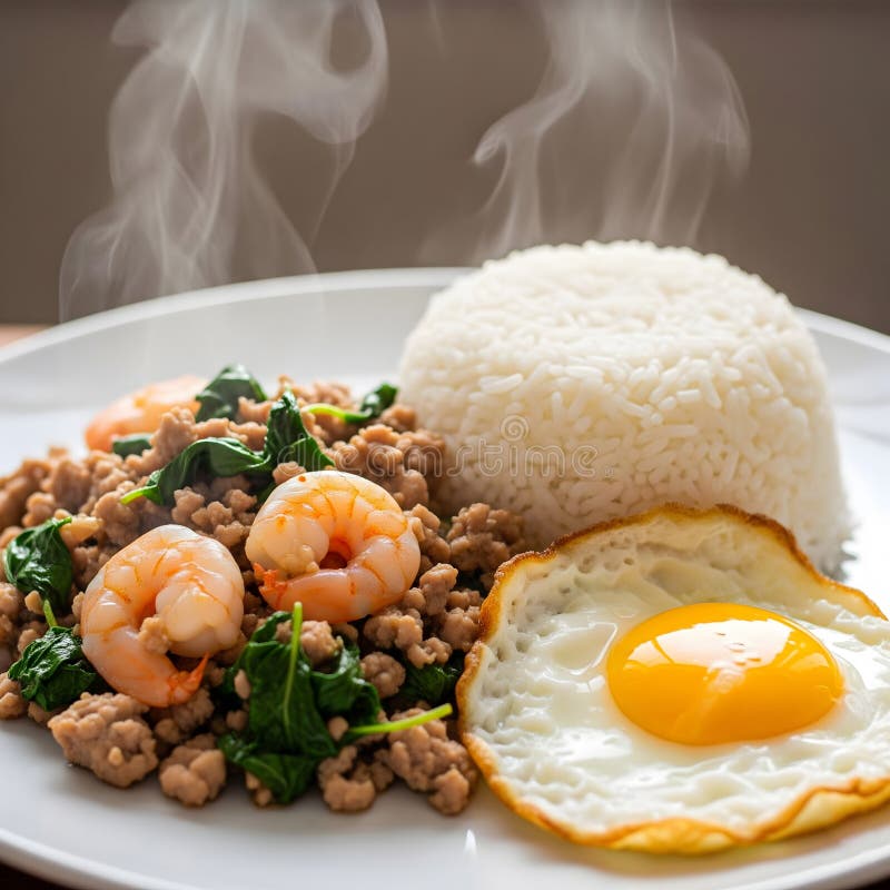 Stir-fried Holy Basil with Ground Pork and Shrimp on Rice with Fried ...