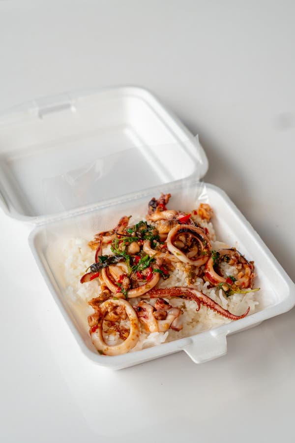 Stir Fried Holy Basil with Octopus or Squid and Herb Stock Image ...