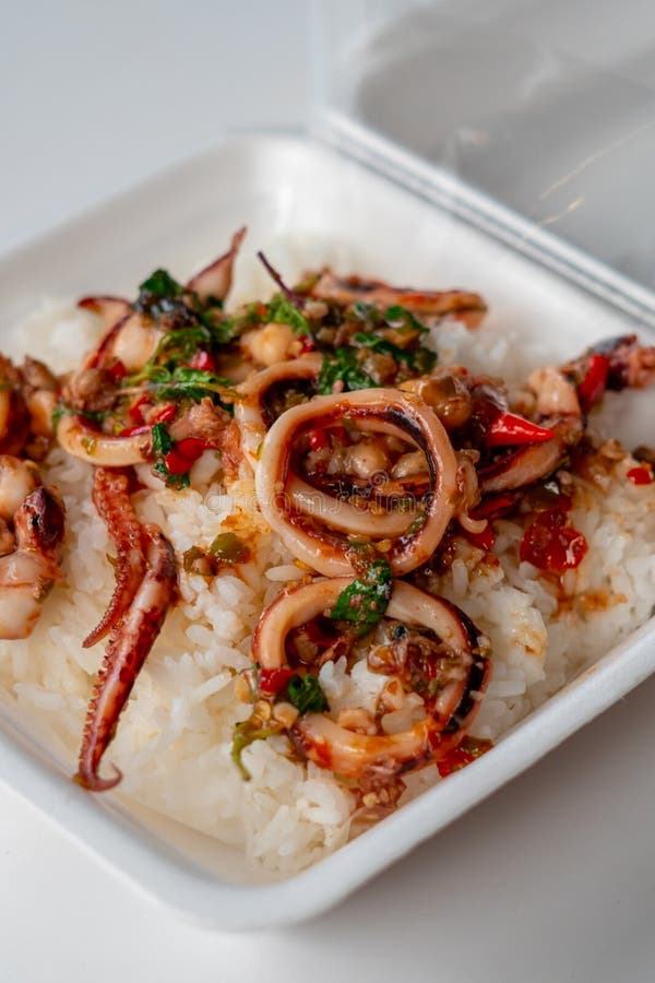 Stir Fried Holy Basil with Octopus or Squid and Herb Stock Photo ...