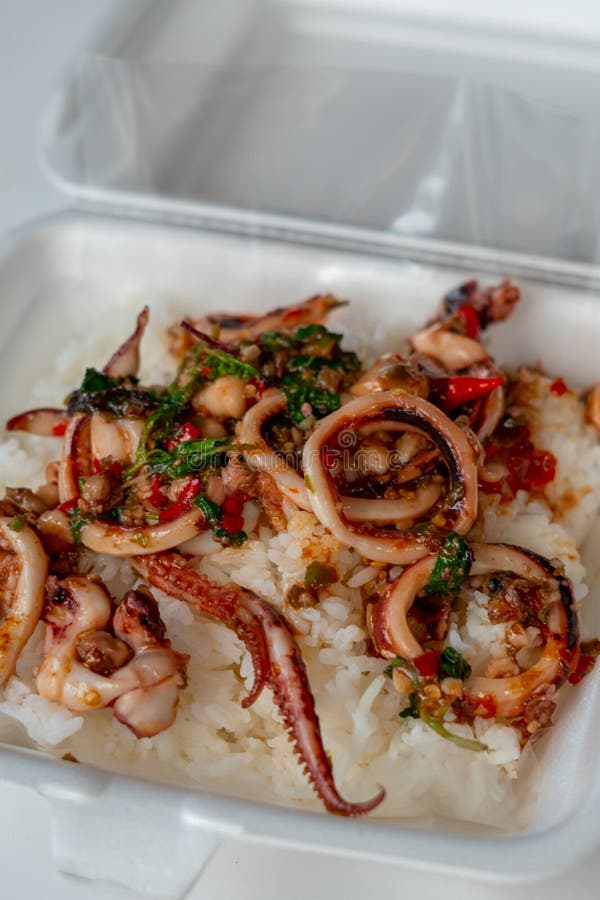 Stir Fried Holy Basil with Octopus or Squid and Herb Stock Image ...