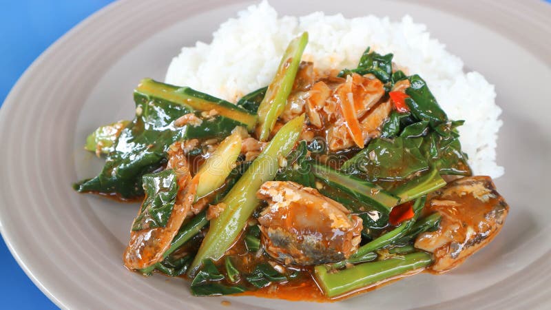 Stir-fried Kale with Tinned Fish and Rice Stock Image - Image of fish ...