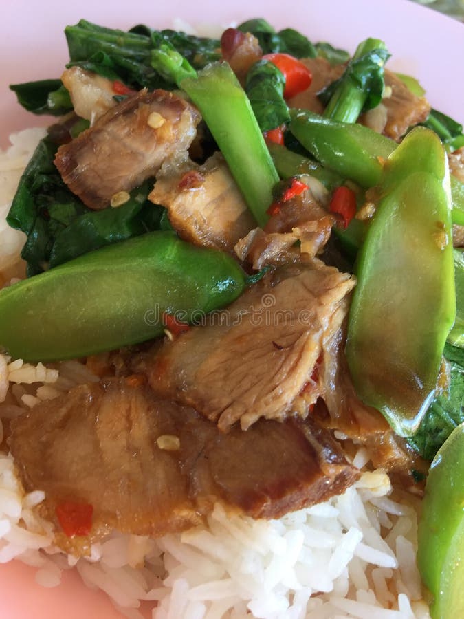 Stir-fried Kale Vegetable with Pork Over Rice Stock Image - Image of ...