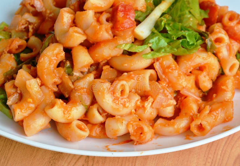 Stir Fried Macaroni with Egg and Ketchup on White Plate Stock Photo ...