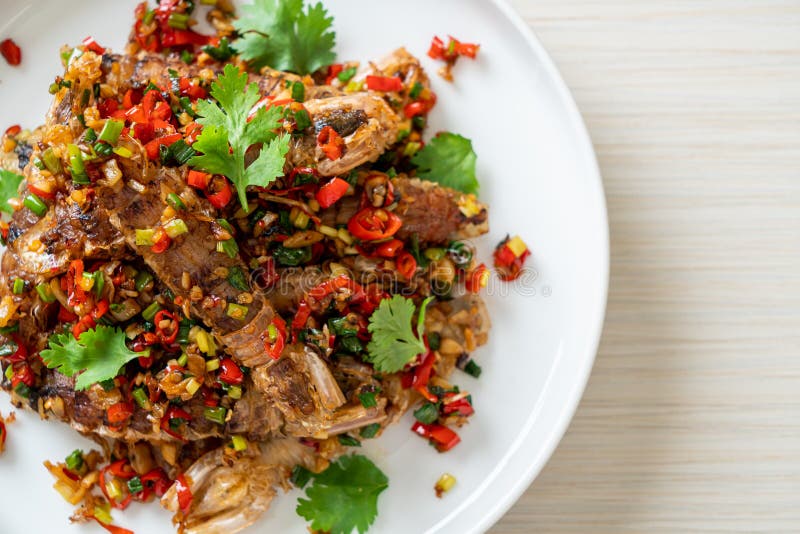 Stir-fried Mantis Shrimp or Crayfish with Chilli and Salt Stock Photo ...
