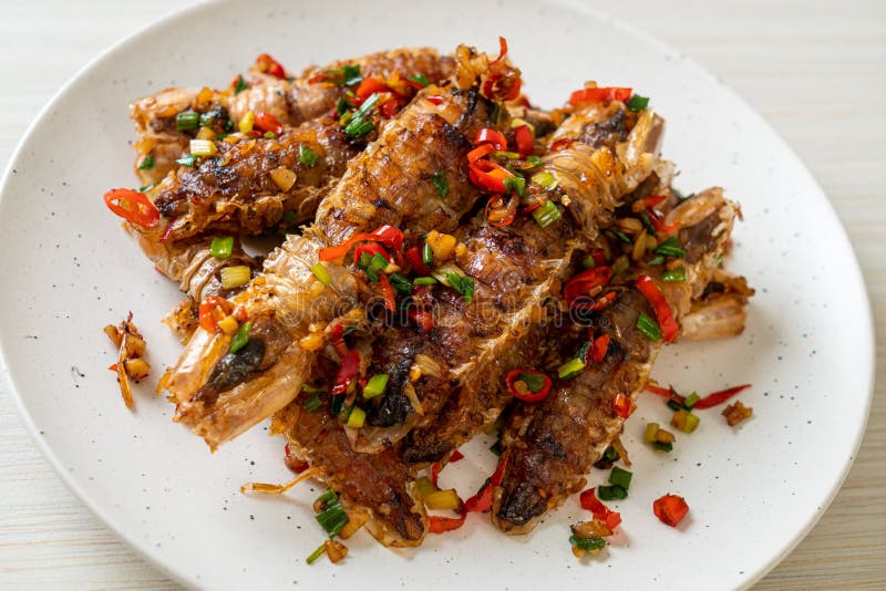 Stir-fried Mantis Shrimp or Crayfish with Chilli and Salt Stock Photo ...