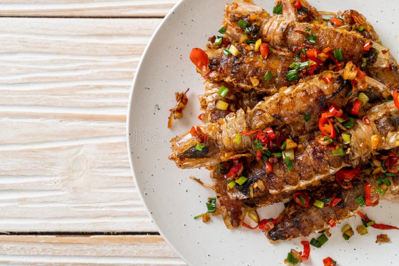 Stir-fried Mantis Shrimp or Crayfish with Chilli and Salt Stock Photo ...