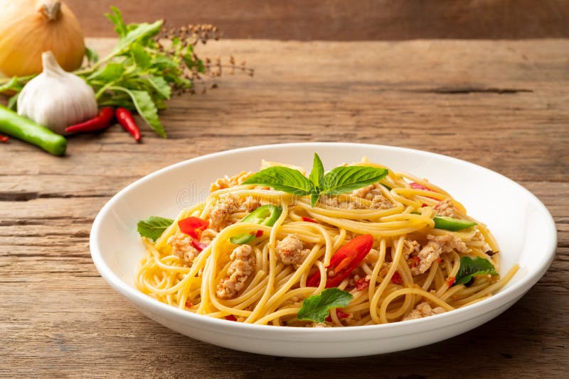 Stir-Fried Minced Chicken and Basil Spaghetti Stock Image - Image of ...