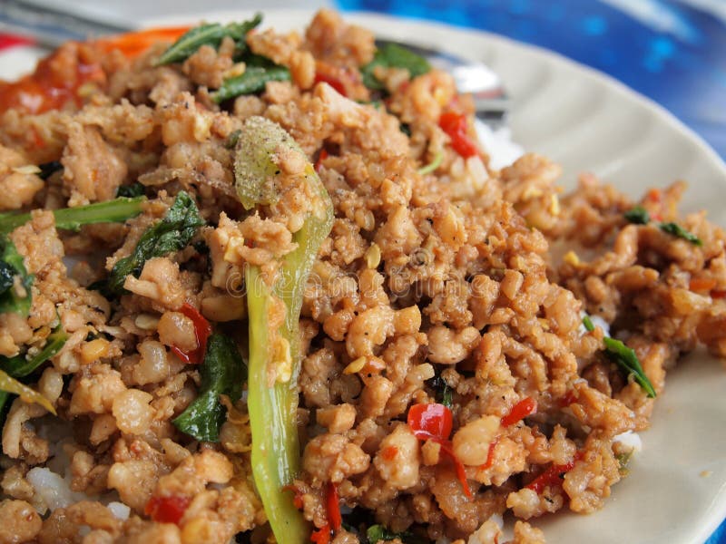 Stir-fried Minced Pork with Holy Basil Stock Image - Image of holy ...