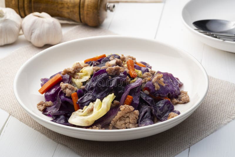 Stir Fried Minced Pork, Red Cabbage and Green Cabbage with Fish Sauce ...