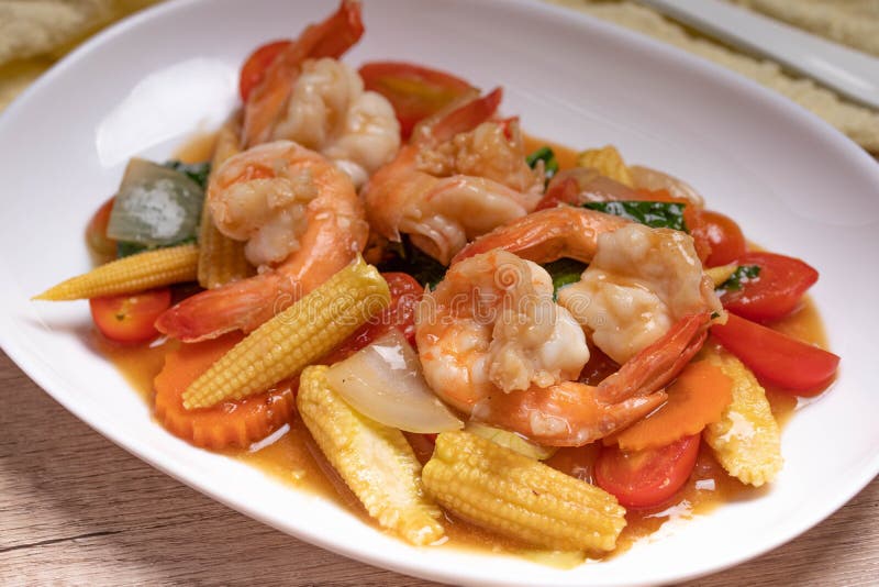 Stir-fried Mixed Vegetables with Shrimp. in a White Plate, Healthy Food ...
