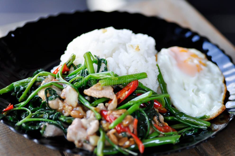 Stir-fried Morning Glory or Stir-fried Vegetable with Rice and Sunny ...