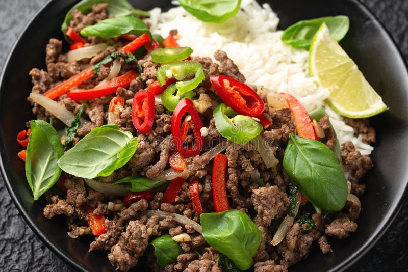 Stir Fried Pad Kra Pao with Rice in Black Bowl Stock Photo - Image of ...