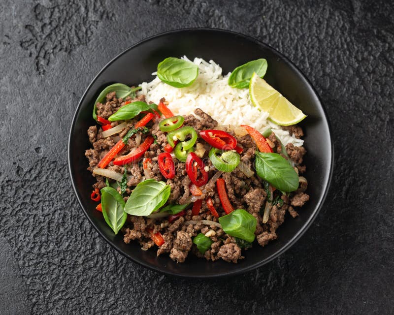 Stir Fried Pad Kra Pao with Rice in Black Bowl Stock Photo - Image of ...