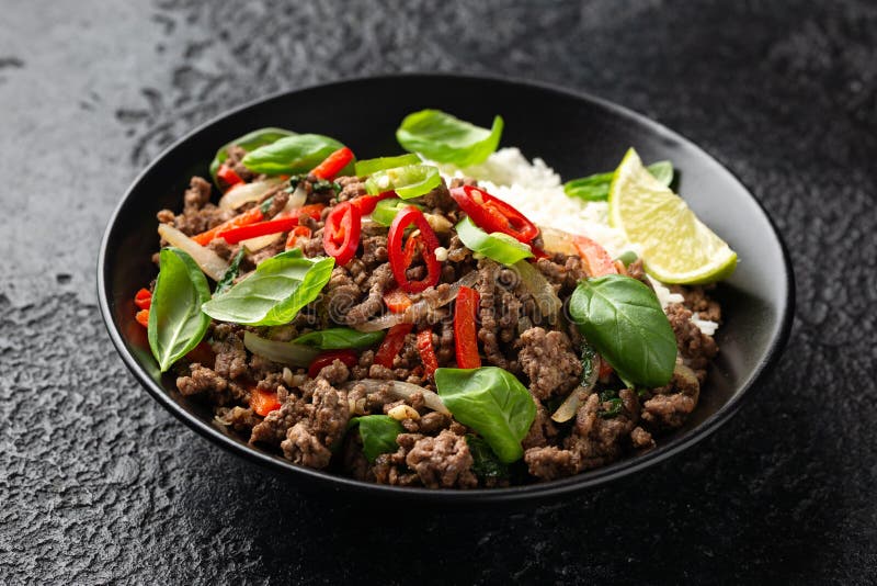 Stir Fried Pad Kra Pao with Rice in Black Bowl Stock Photo - Image of ...