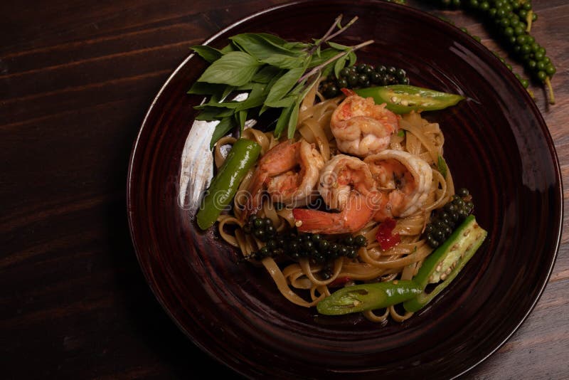 Stir-fried Pasta with Shrimp.dark Background, Top View Stock Image ...