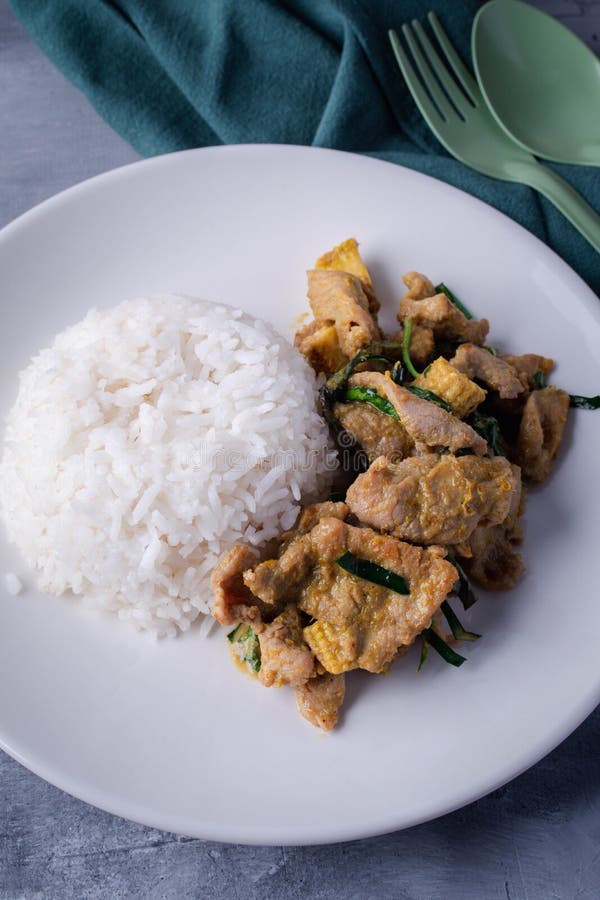 Stir Fried Pork with Green Curry Paste with Vegetables and Rice Stock ...