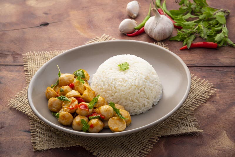Stir-Fried Pork Meatballs with Thai Holy Basil and Cooked Rice Stock ...
