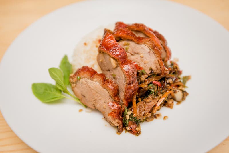 Stir-fried Roasted Duck and Basil and Fried Egg with Rice, Thai Stock ...