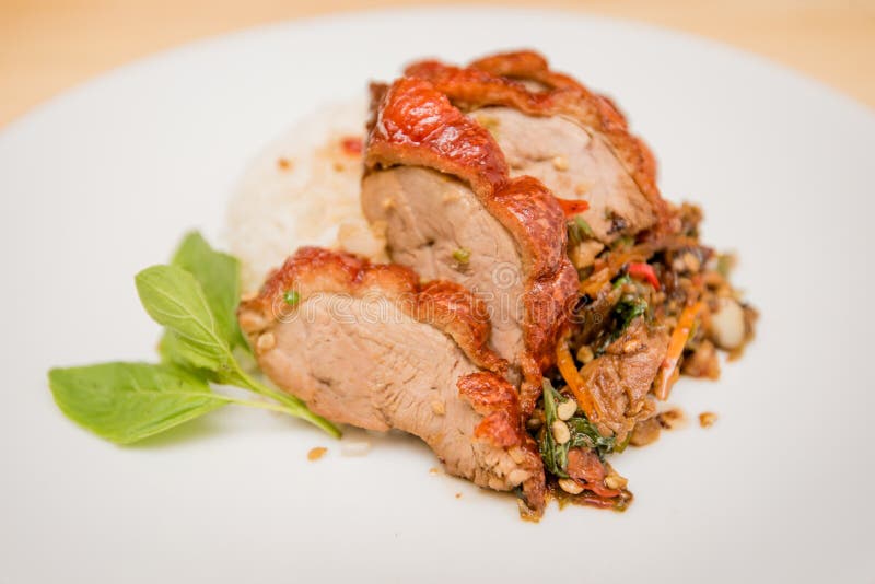 Stir-fried Roasted Duck and Basil and Fried Egg with Rice, Thai Stock ...