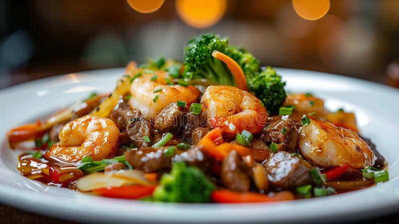 Stir-fried Shrimp and Prawns with Vegetables on White Plate. Stock ...