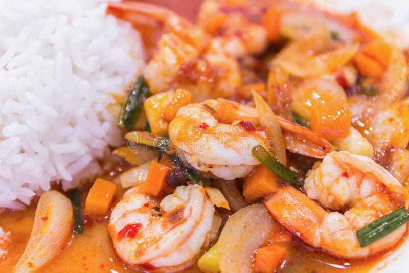 Stir Fried Shrimp in Thai Red Curry Paste with Rice and Fried Stock ...