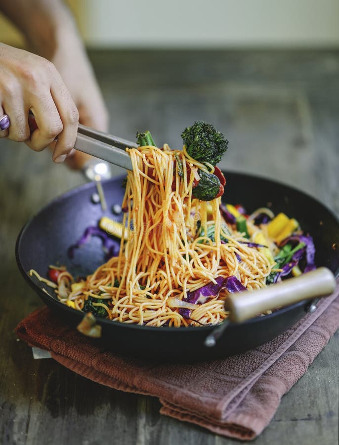 Stir Fried Spaghetti with Organic Vegetables Stock Photo - Image of ...