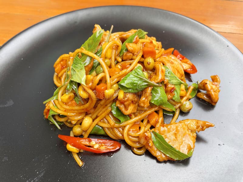 Stir Fried Spicy Spaghetti with Chicken Stock Photo - Image of cooking ...
