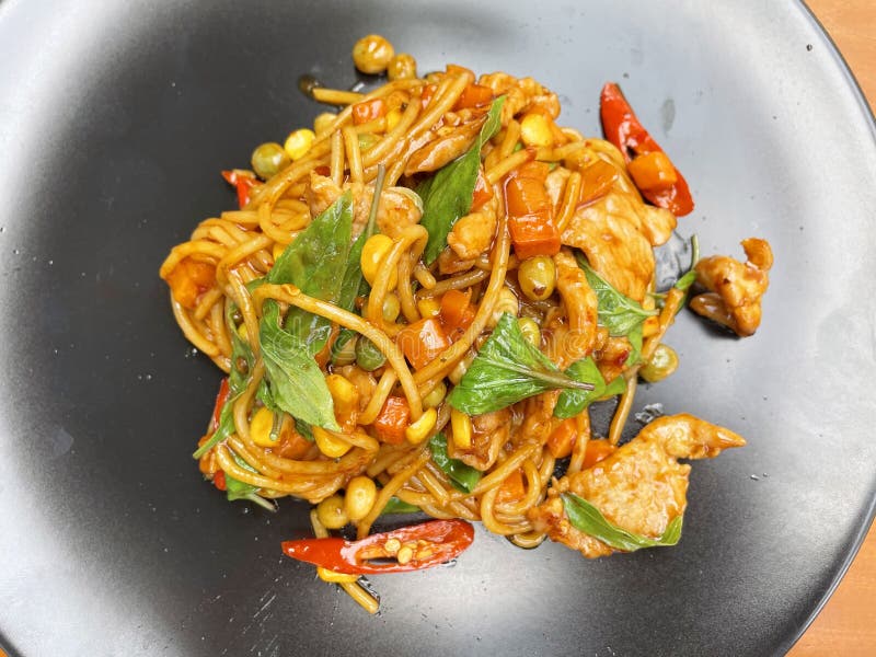 Stir Fried Spicy Spaghetti with Chicken Stock Photo - Image of fresh ...