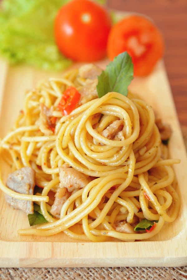 Stir-fried Spicy Spaghetti with Chicken. Thai Style Stock Image - Image ...