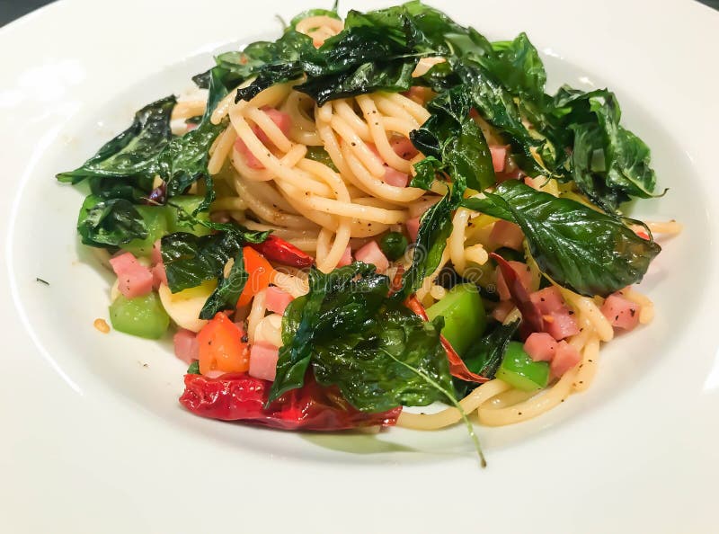 Stir-fried Spicy Spaghetti Ham Stock Photo - Image of fresh, fusion ...