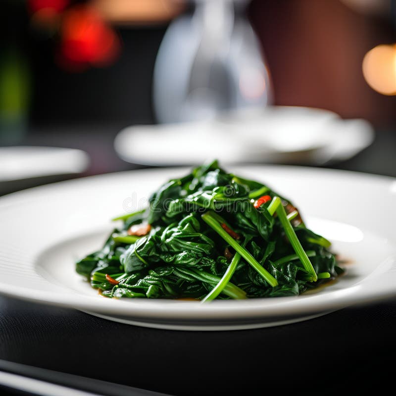 Stir-fried Spinach with Garlic and Chilli on White Plate Stock ...
