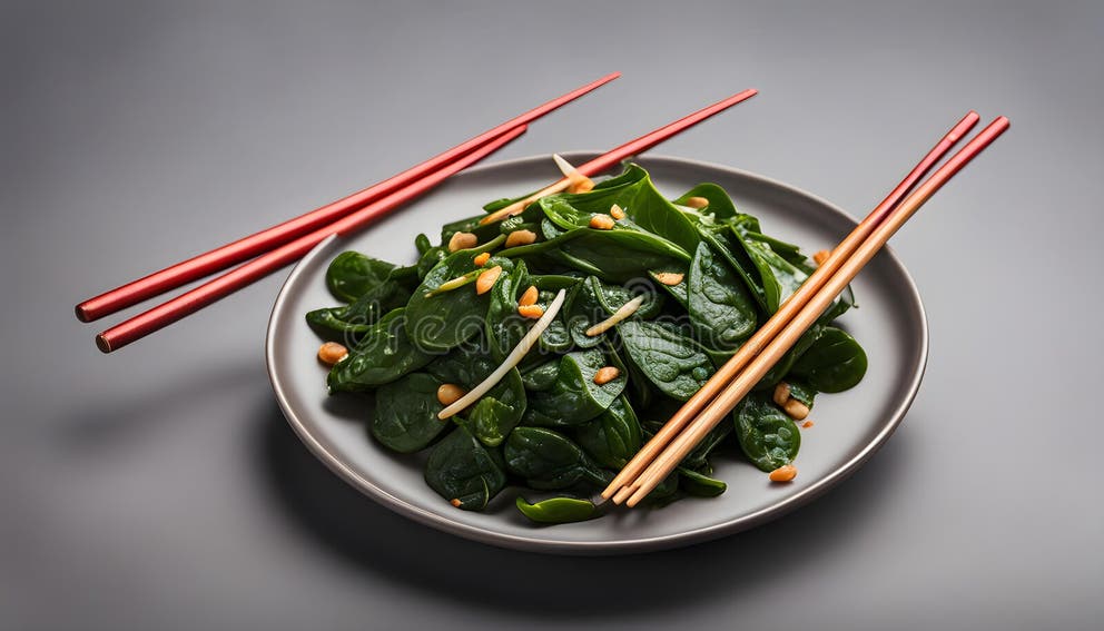 Stir-Fried Spinach with Garlic with Chopsticks Stock Illustration ...