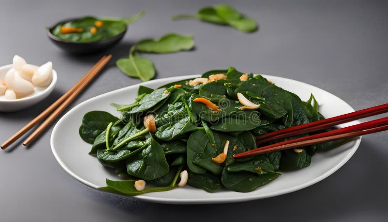 Stir-Fried Spinach with Garlic with Chopsticks Stock Illustration ...