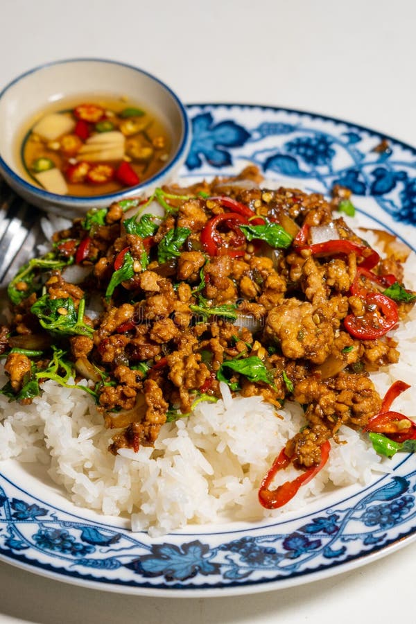 Stir-fried Basil with Pork and Fried Egg Stock Image - Image of chops ...