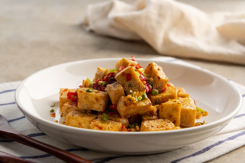 Stir Fried Tofu with Chilli and Salt in White Plate. Stock Image ...