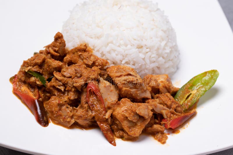 Stir-fried Tuna with Curry Paste and Steamed Rice in a White Plate ...