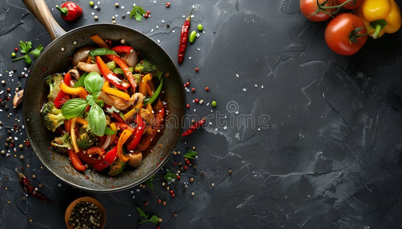 Stir Fried Vegetables in a Wok on Dark Table Stock Image - Image of ...
