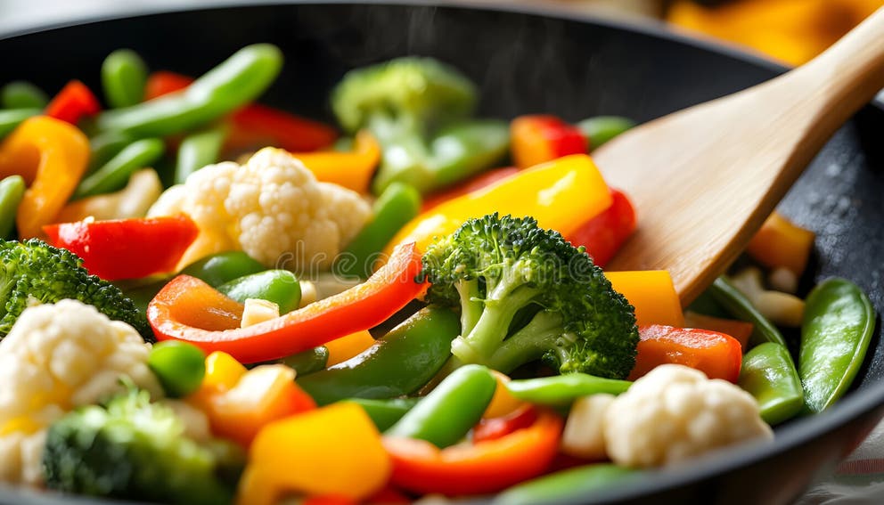 Stir Fried Vegetables in a Wok on Dark Table Stock Photo - Image of ...