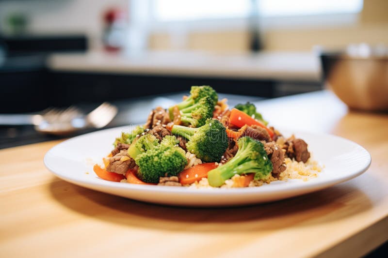 Stirfry with Beef and Broccoli on a Plate Stock Photo - Image of ...