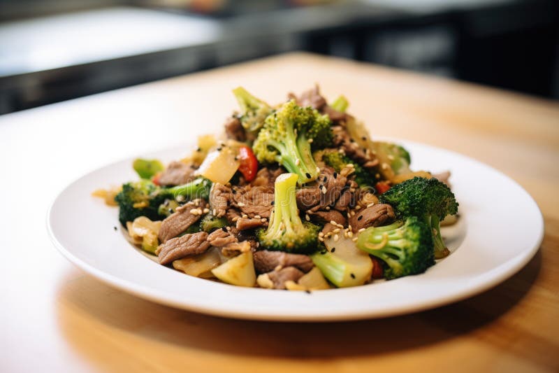 Stirfry with Beef and Broccoli on a Plate Stock Image - Image of ...