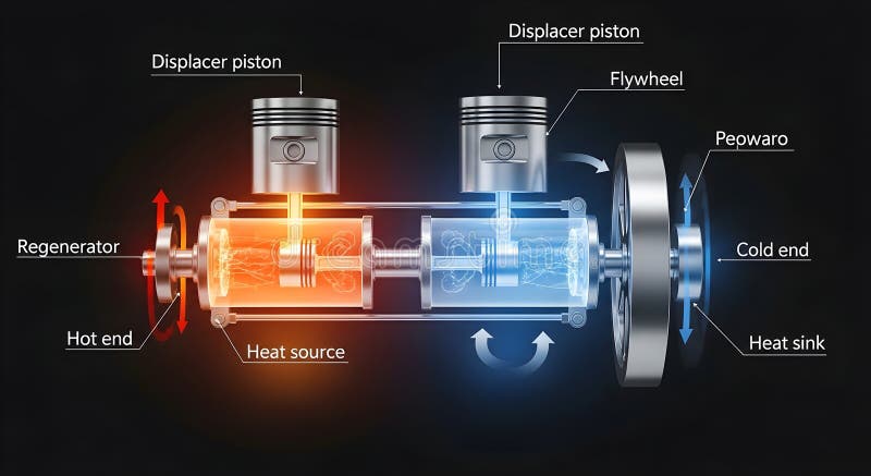 Stirling Engine Diagram Showing Working Principle with Labeled ...