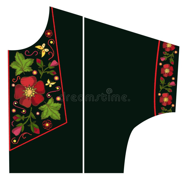 Stitch Embroidered Red Flowers on the Pattern. Print on Chest and Arms ...