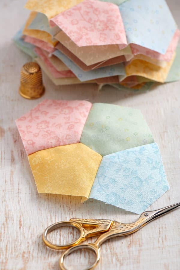 Stitched Quilting Block from Four Pentagons, Scissors, Thimble, Pile of ...