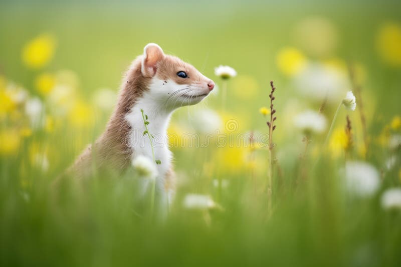 Stoat with Bushy Tail Curled in a Floral Meadow Stock Illustration ...