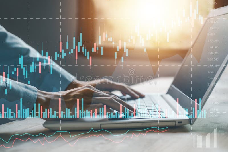Stock Chart or Cryptocurrency Chart with Businessman Hand Typing ...