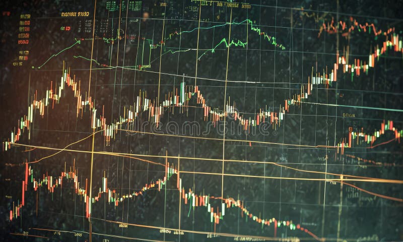 Stock Chart with Dark Background and Colorful Lines and Bars ...