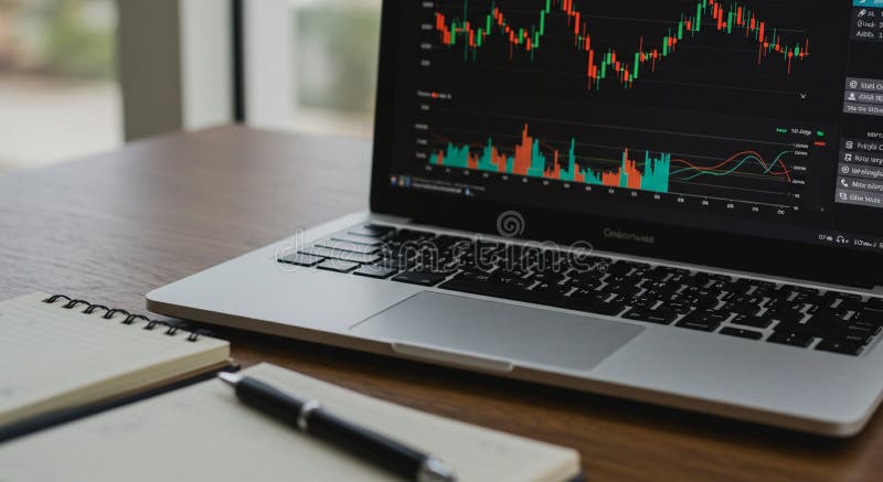 Stock Chart on Laptop with Notebook and Pen Stock Illustration ...