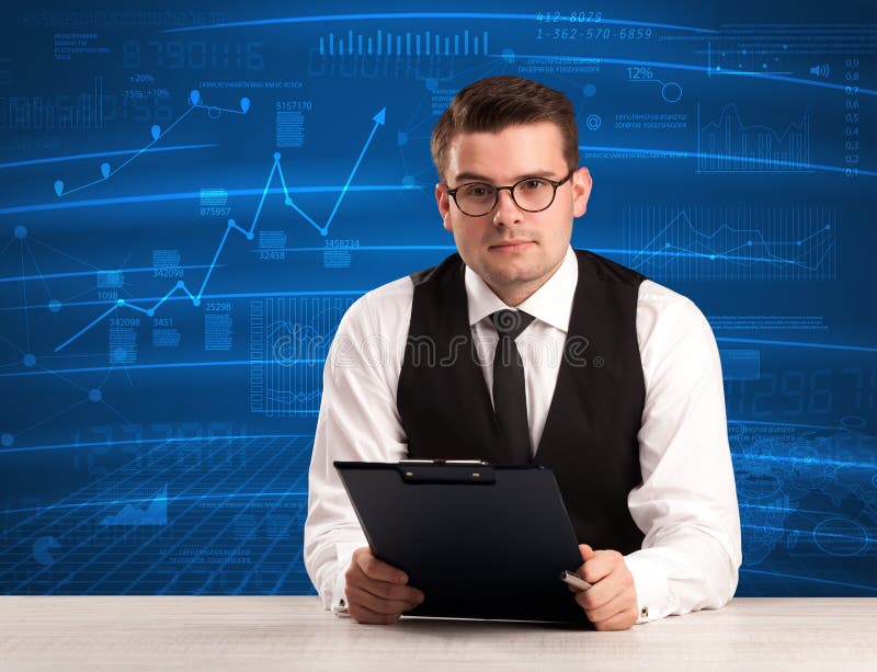 Stock Data Analyst in Studio Giving Adivce on Blue Chart Background ...